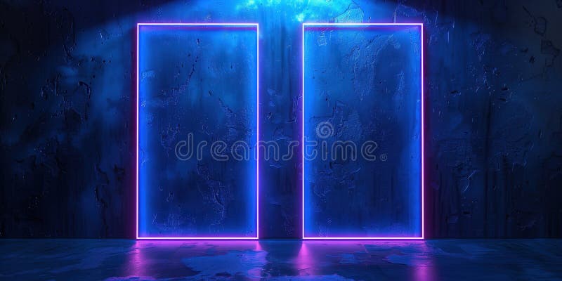 Two Blue Neon Glowing Blank Picture Frames on a Dark Navy Background ...