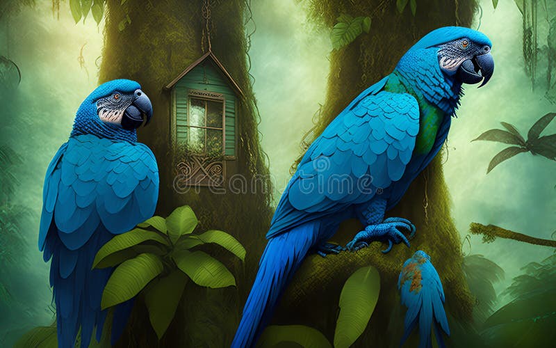 Two Blue Parrots on a Tree in the Jungle. Generative Al Illustration ...