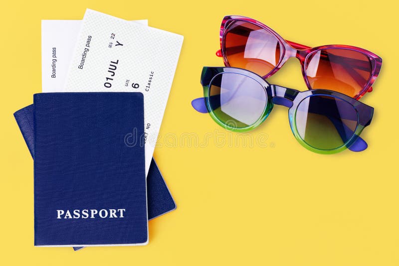 Two Red Passports Blue Flight Boarding Pass Ticket White Background