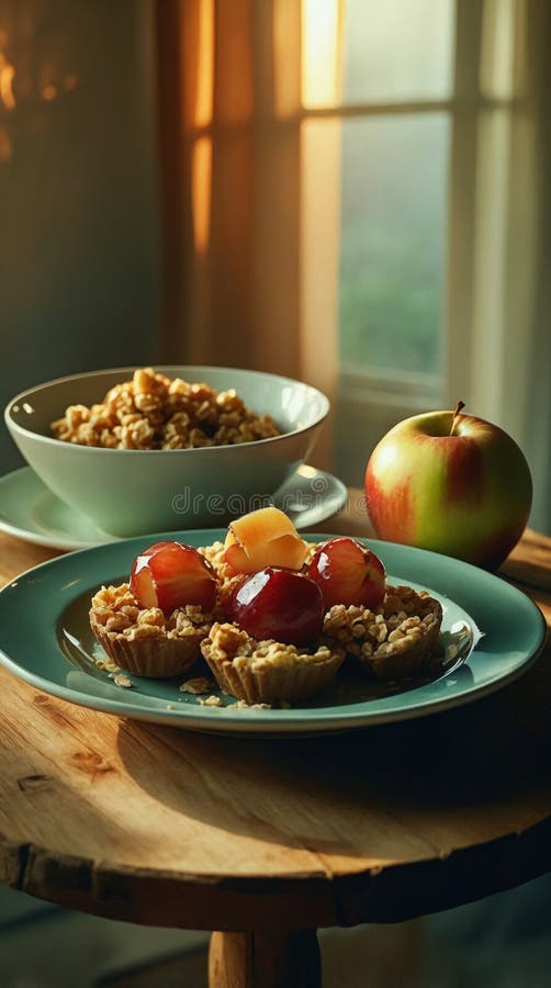 Two Blue Plates Topped with Apples and Oatmeal Stock Photo - Image of ...