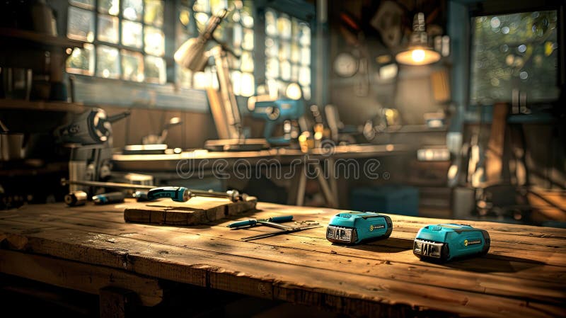 Two Blue Rechargeable Batteries Sit on a Wooden Workbench, Surrounded ...