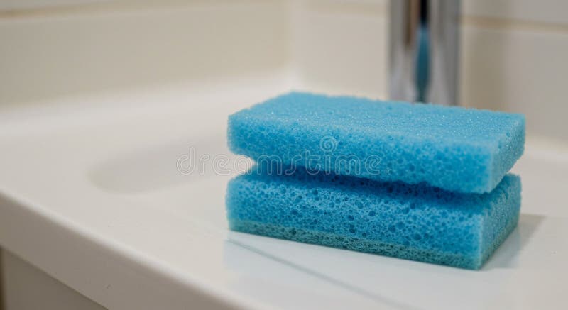 Two Blue Rectangular Sponges with Porous Textures are Stacked on a ...