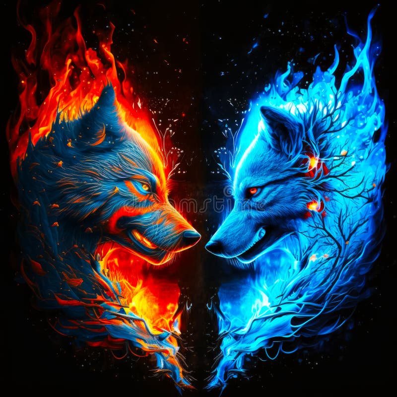Two Wolfs Facing Each Other with Red and Blue Flames in Their Eyes ...