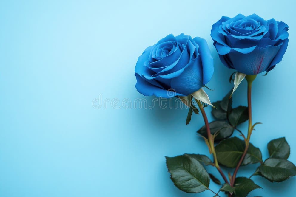 Two Blue Roses Sit Atop a Blue Surface Stock Image - Image of high ...