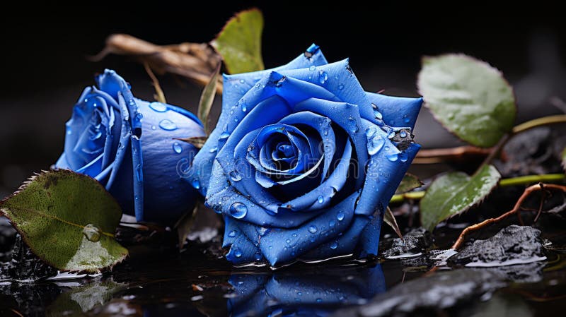Two Blue Roses with Water Droplets on Them Stock Illustration ...