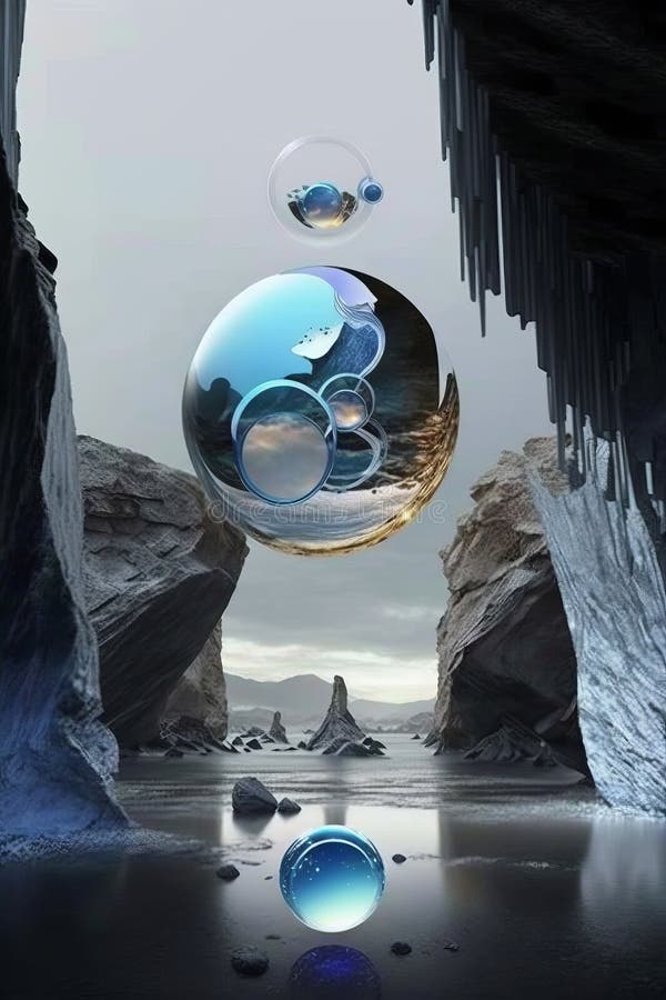 Two Blue Spheres Floating Over the Water between Columns with Sky ...