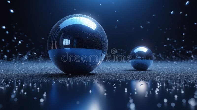 Two Reflective Blue Spheres on a Surface with Scattered Specks in a ...