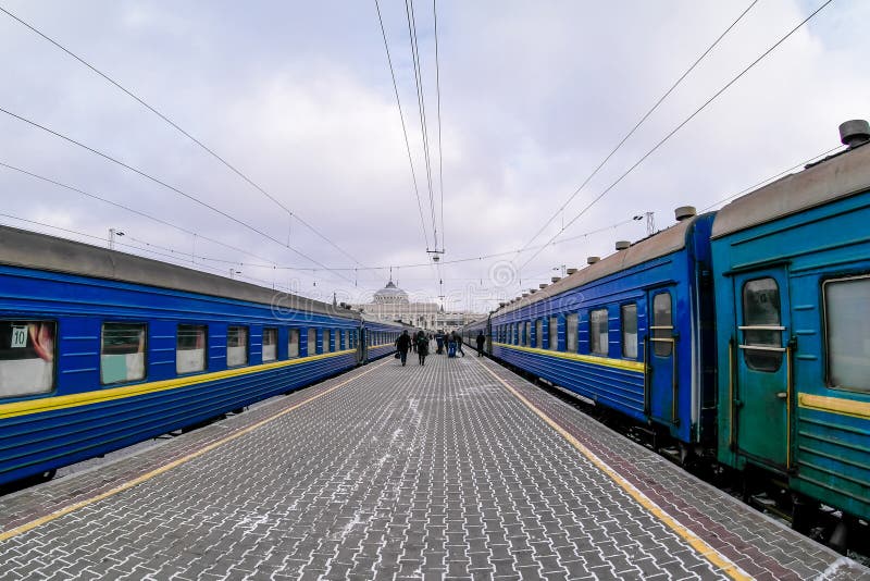 Two Blue Trains on Train Station Platform in the Winter Stock Photo ...