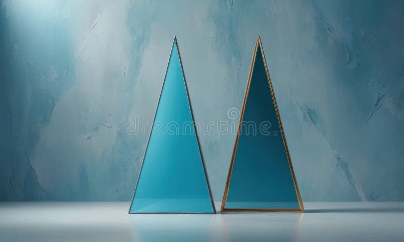 Two Blue Triangles are Standing Next To Each Other on a White Surface ...