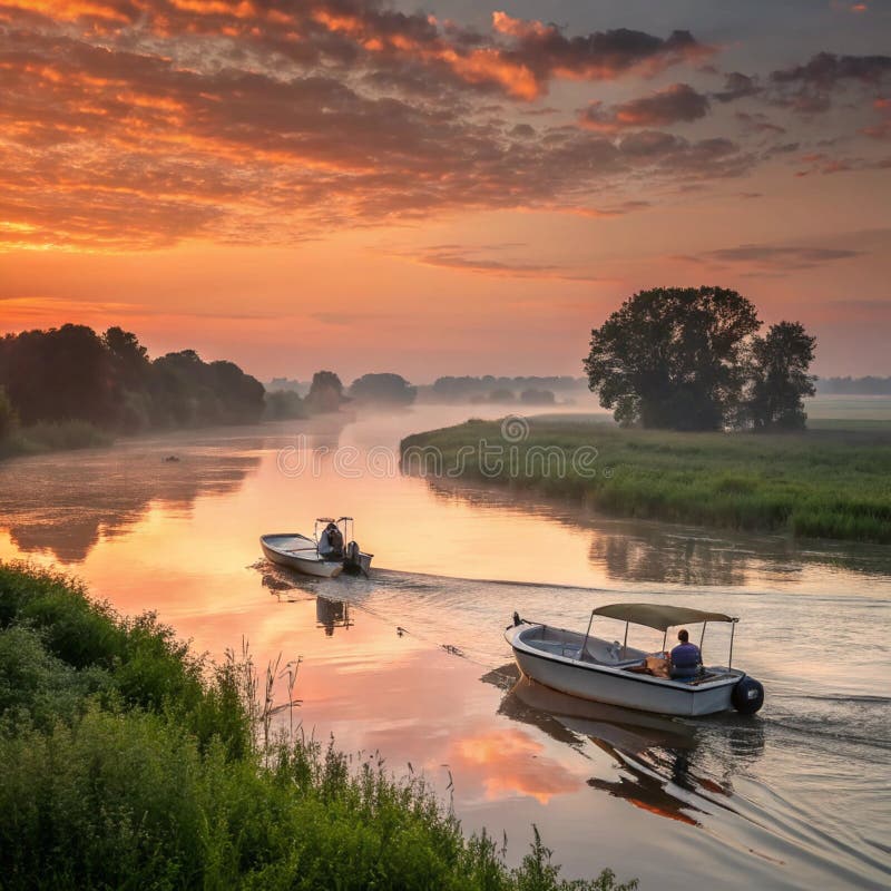 Two Boats on Narew River at Sunrise Stock Image - Image of poland ...
