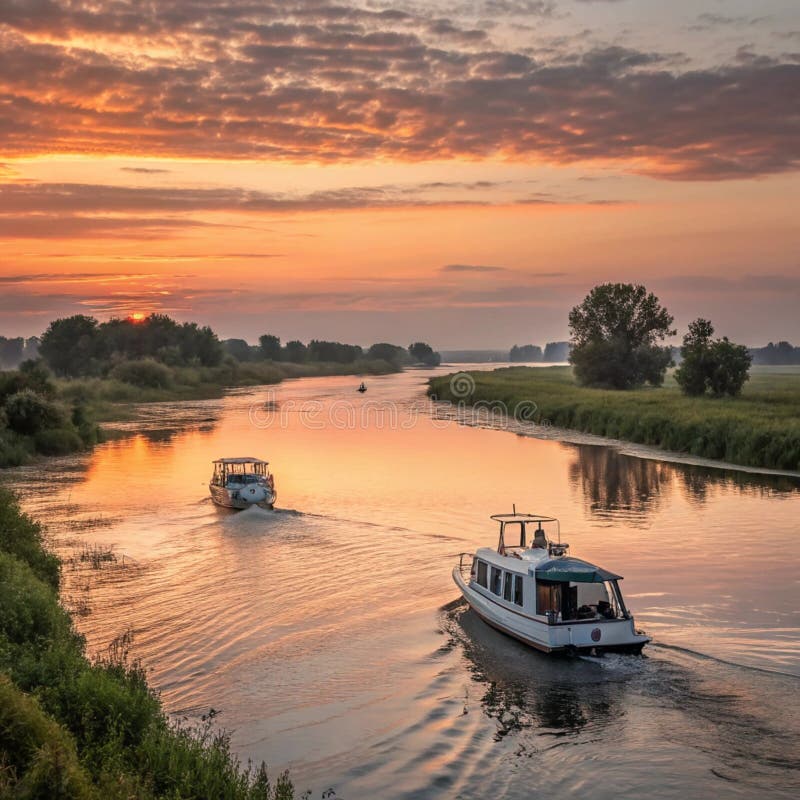 Two Boats on Narew River at Sunrise Stock Photo - Image of poland ...