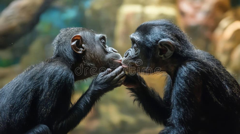 Two Bonobos Sharing a Tender Kiss Stock Illustration - Illustration of ...