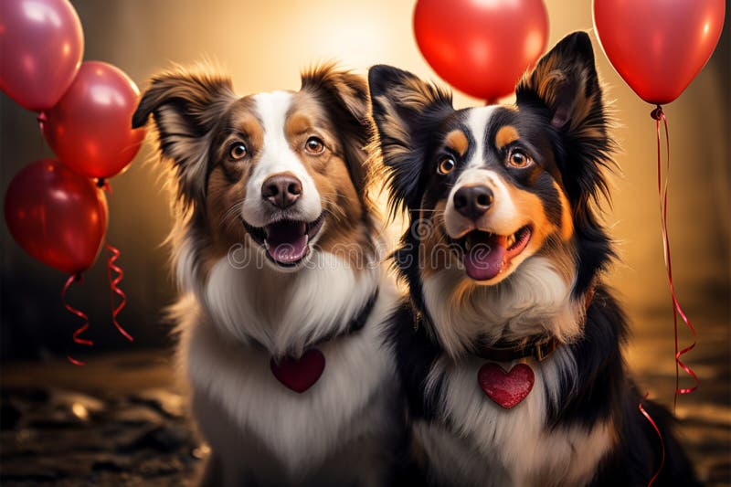 Two Border Collie Dogs Share a Heart Shaped Balloon, Showcasing ...