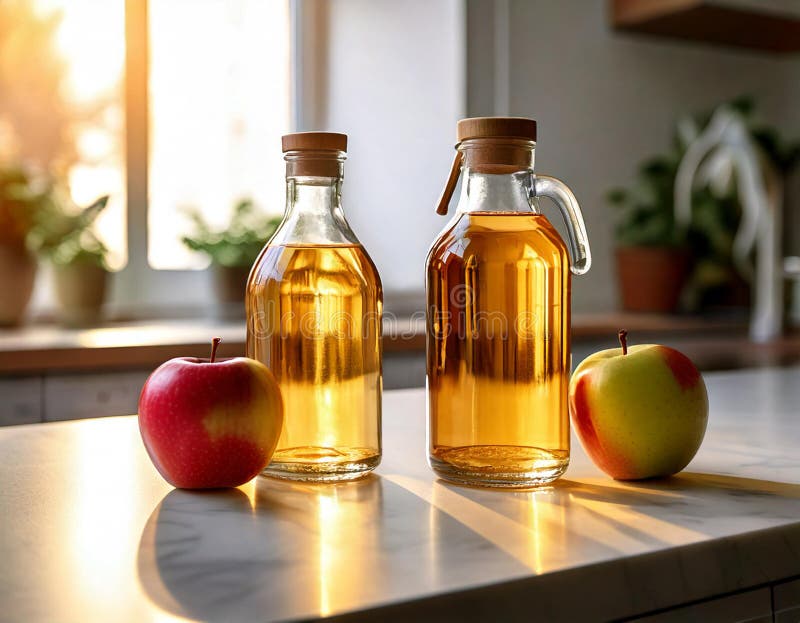 Two Bottles of Apple Cider Sit on a Counter Next To Two Apples Stock ...