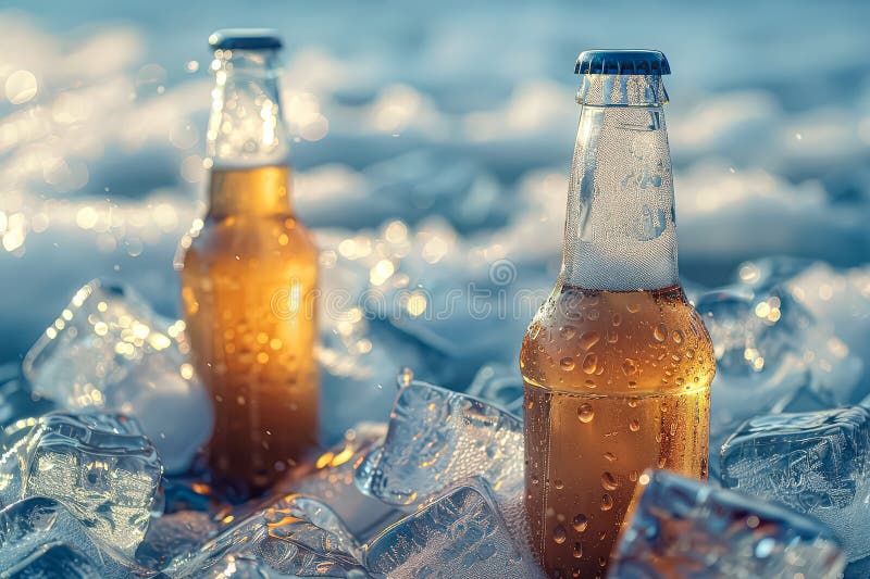 Two Bottles of Beer are Sitting on a Table with Ice Stock Photo - Image ...