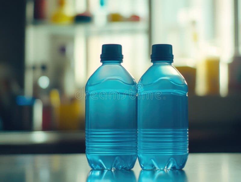 Two Bottles of Blue Water on Countertop in Kitchen Stock Photo - Image ...