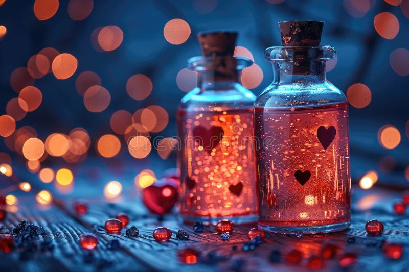 Two Bottles Filled with Liquid on Table Stock Image - Image of ...