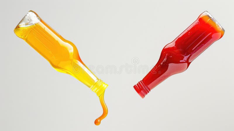 Two Bottles of Ketchup and One Bottle of Liquid Condiment on a Surface ...