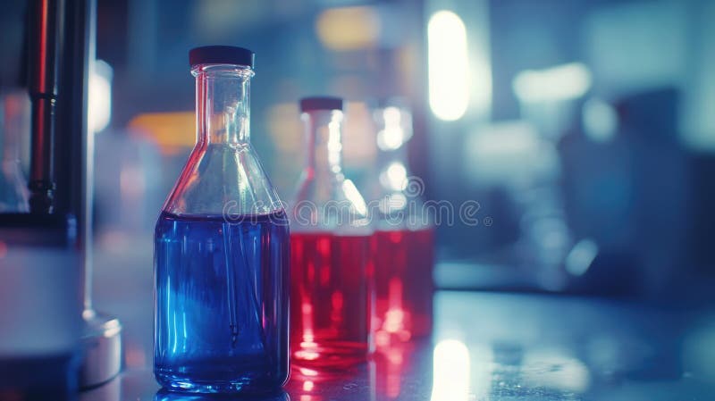 Two Bottles of Liquid on Table Stock Image - Image of laboratory ...