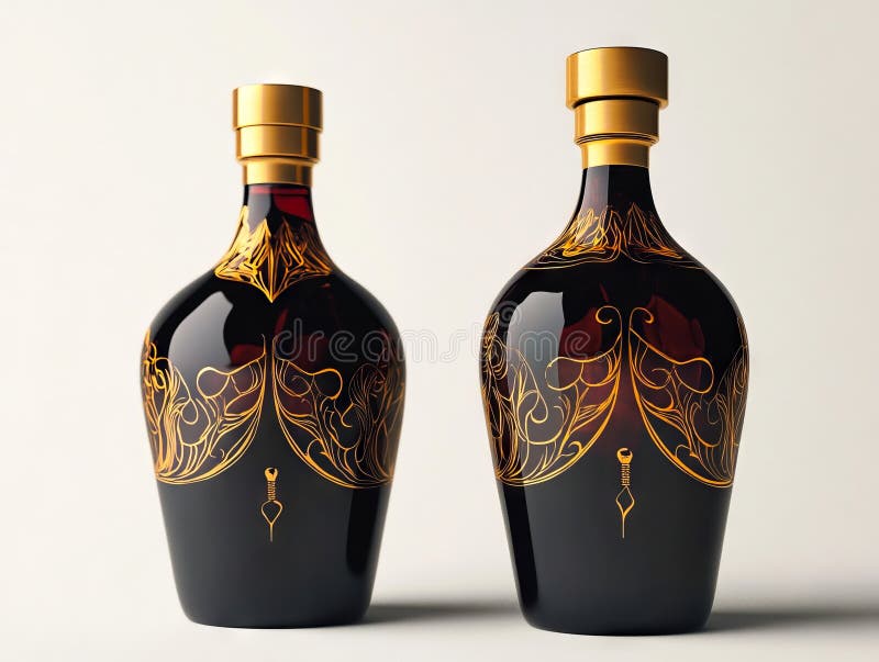 Two Bottles of Liquor with Gold Designs on Them Stock Photo - Image of ...