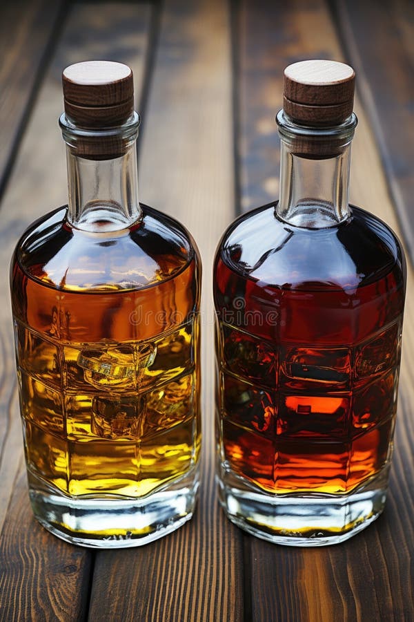 Two Bottles of Liquor Sitting on Top of a Wooden Table. Generative AI ...