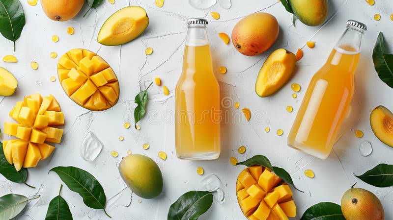 Two Bottles of Mango Beer Amidst Slices of Mango on Clean Background ...