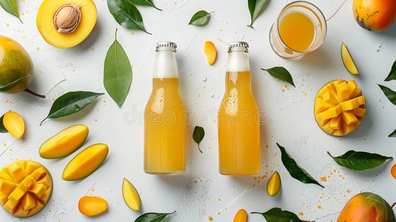 Two Bottles of Mango Beer Amidst Slices of Mango on Clean Background ...