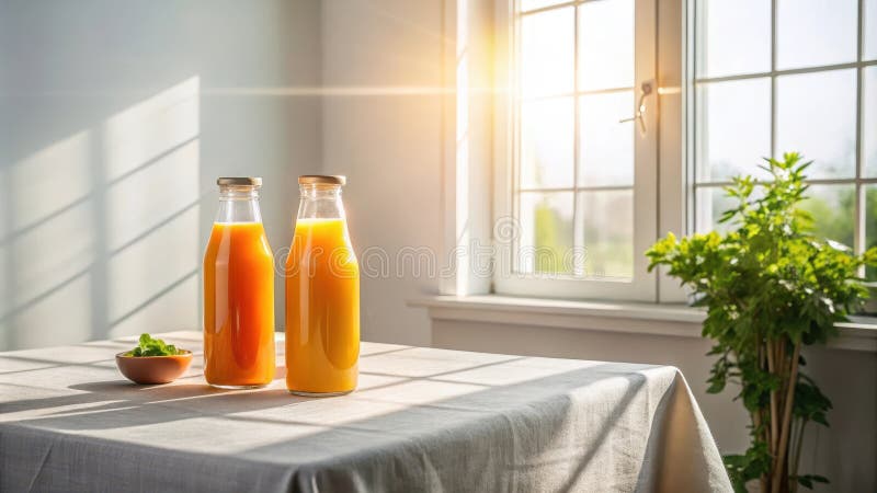 Two Bottles of Refreshing Citrus Beverage on a Table Bathed in Sunlight ...