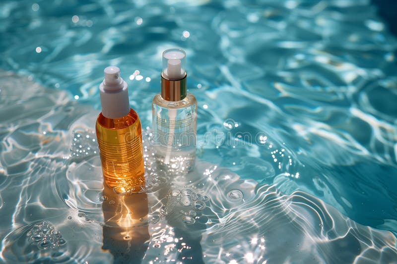Two Bottles of Spray Sunscreen Floating in a Pool of Water Stock Image ...