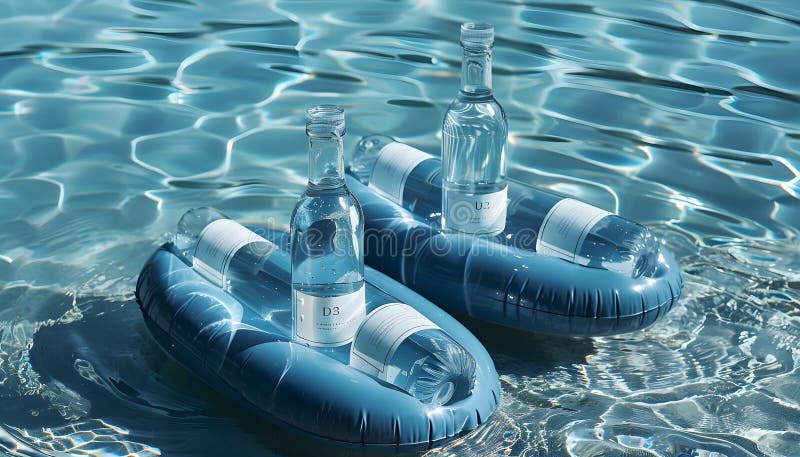 Two Bottles of Water on Inflatable Rafts in Water Stock Illustration ...
