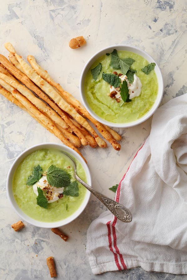 Two Bowls of Cream Soup and Bread Sticks Stock Image - Image of healthy ...