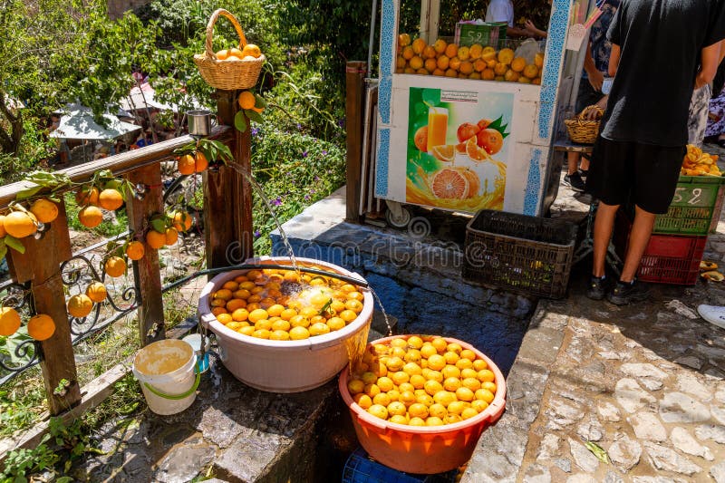 Two Bowls of Fresh Oranges with Flowing Water and a Juice Stand ...