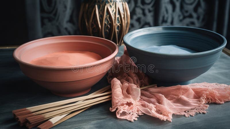 Two Bowls and Two Wooden Sticks on a Table with a Cloth Stock ...