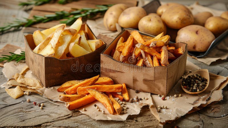 Two Boxes of Fries and Potatoes on a Table Stock Photo - Image of table ...