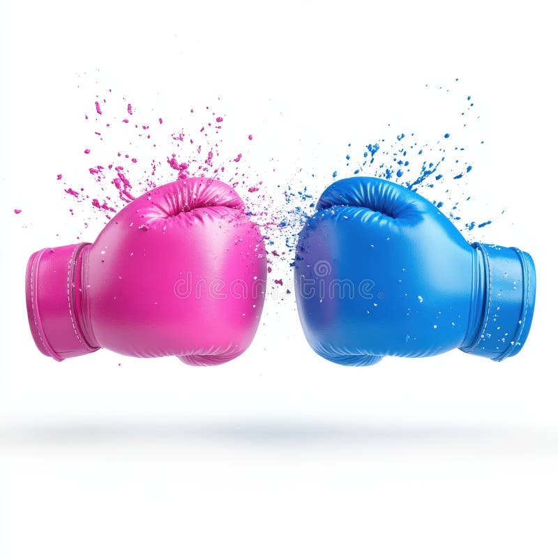Two Boxing Gloves, One Blue and One Pink, Facing Each Other in Clash ...