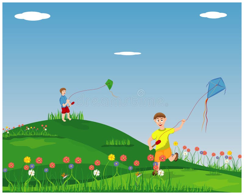 Two Boy with Kite in Garden Stock Vector - Illustration of childhood ...