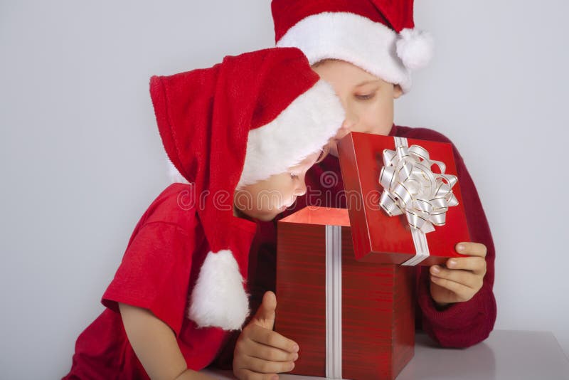 Two Boy Open Christmas Gift-box Stock Image - Image of people, open ...