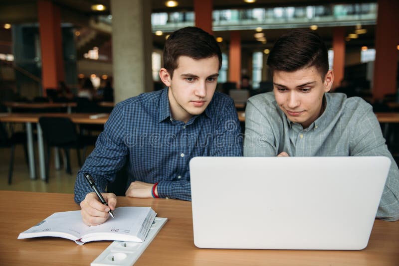 Two Boy Student Use Laptop in Library Stock Image - Image of books ...