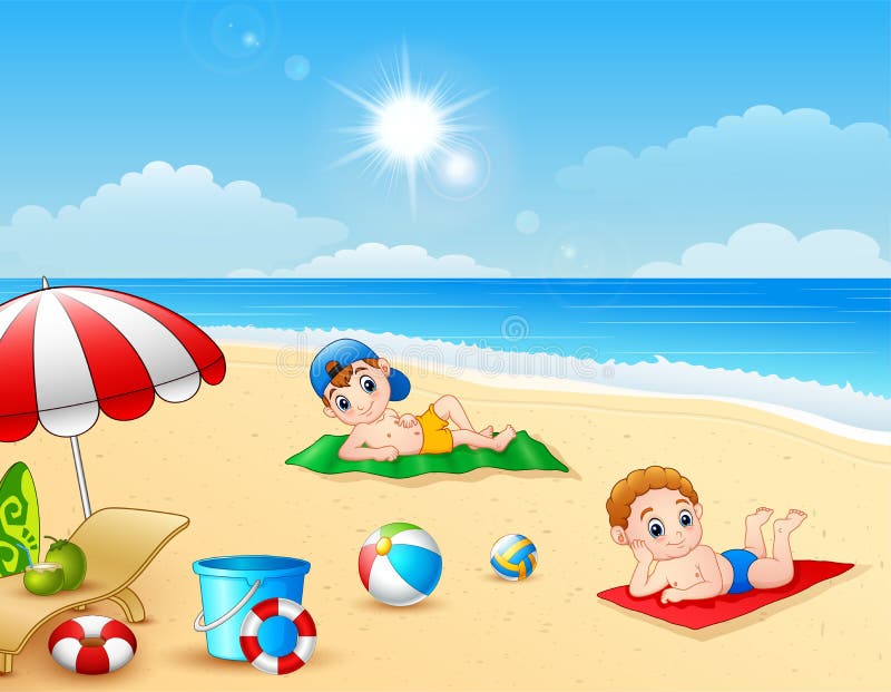 Two Boy Sunbathing on the Beach Mat Stock Vector - Illustration of ...