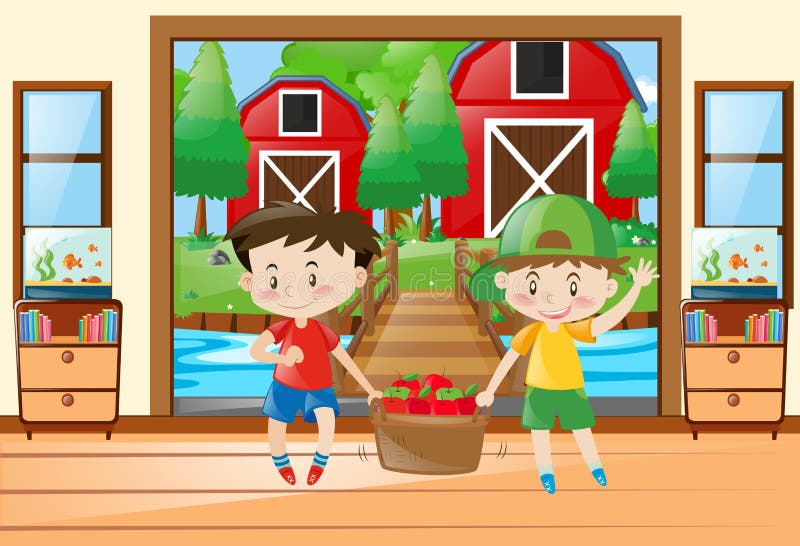 Two Boys and Basket Full of Apple at Home Stock Vector - Illustration ...