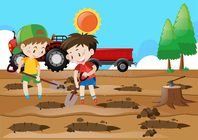 Two Boys Digging Hole with Shovels Stock Vector - Illustration of youth ...