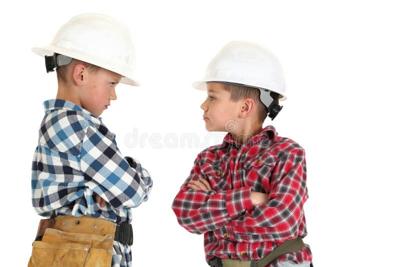 Two Boys Fighting in Construction Hardhats Stock Photo - Image of ...