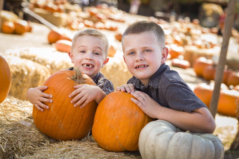 Two Boys Having Fun at the Pumpkin Patch on a Fall Day Stock Photo ...