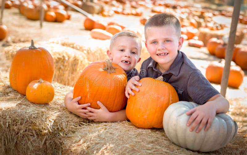 Two Brothers Having Fun at the Pumpkin Patch .on a Sunny Fall Day Stock ...
