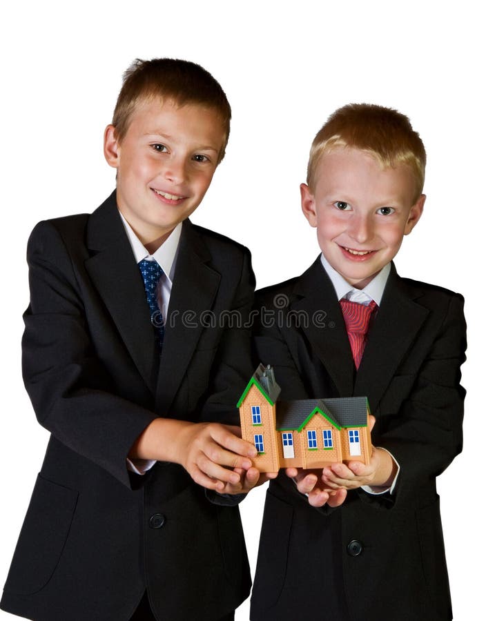 Two Boys Holding Toy House, Isolated on White Stock Image - Image of ...