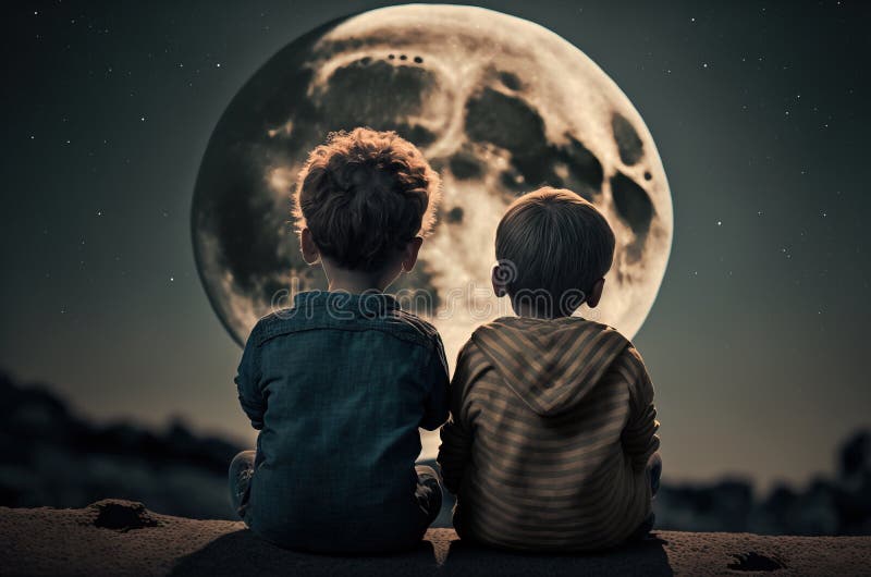 Two Boys Looking at the Moon Stock Illustration - Illustration of ...