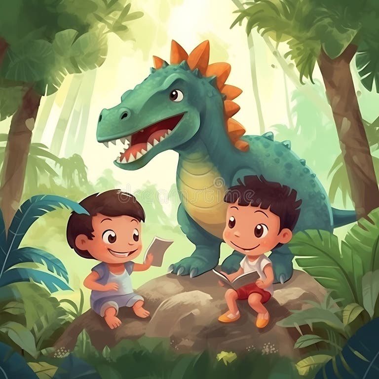 Two Boys Playing with a Friendly Dinosaur in a Vibrant Jungle Setting ...