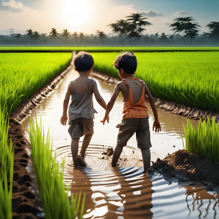 Two Boys Playing in the Mud in a Rice Field Stock Illustration ...
