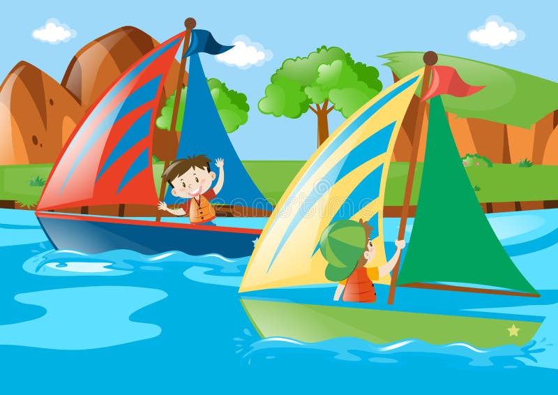 Two Boys Sailing Boat in River Stock Illustration - Illustration of ...