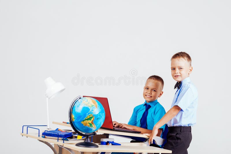 Two Boys School Computer Desk Globe Education Stock Image - Image of ...